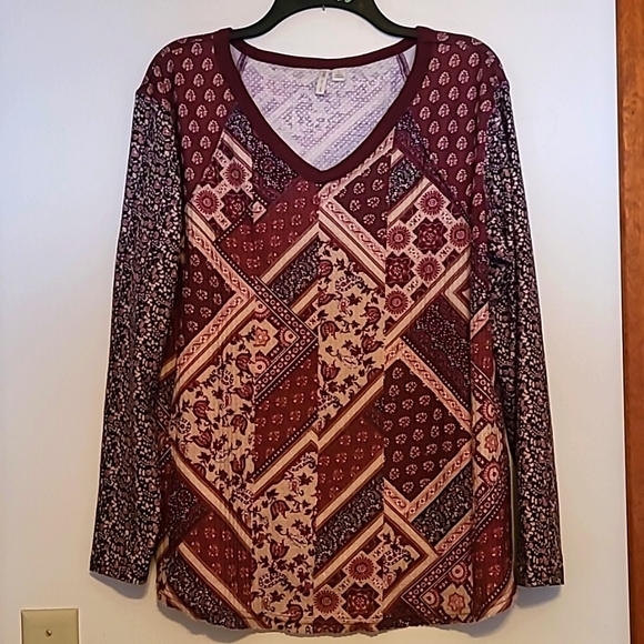 Cato | Tops | Cato Mixed Print Black Burgundy Tan Thermal Long Sleeve ...